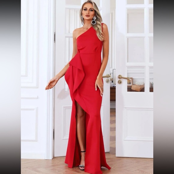 SHEIN | Dresses | Shein Miss Ord One Shoulder Split Thigh Ruffle Formal ...